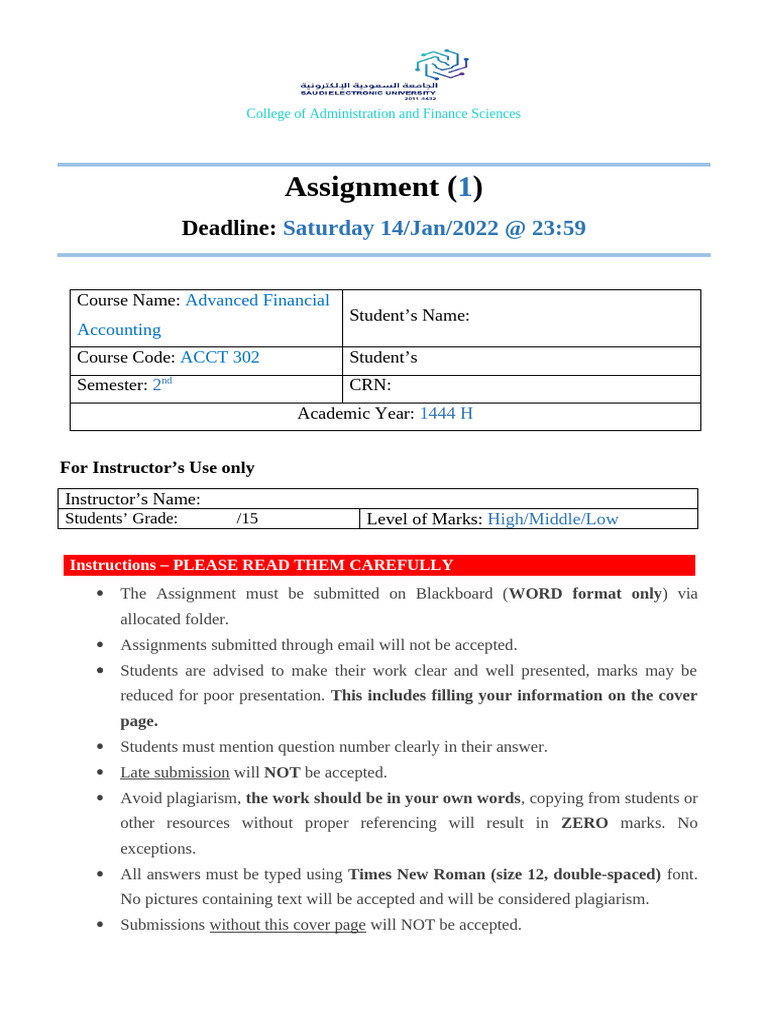 ACCT 302 - Assignment 01 - Question Paper | PDF
