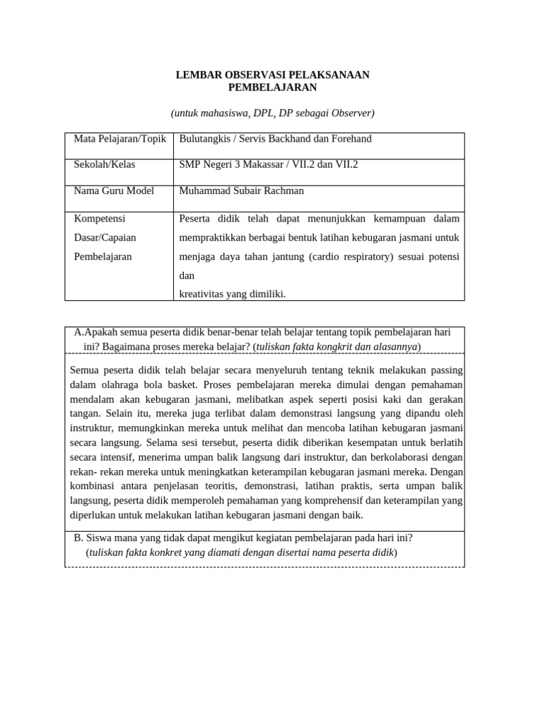 B4-5 Unggah LK 4 - Lembar Observasi Pembelajaran Observer - Siklus 1 | PDF