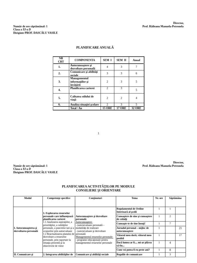 Planificare Dirigentie Xi Model | PDF