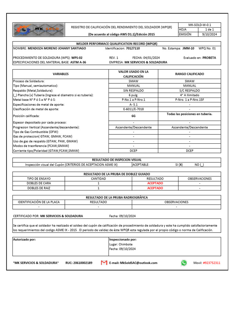 Registro Desempeño de Soldador - JMM | PDF | Soldadura | Construcción