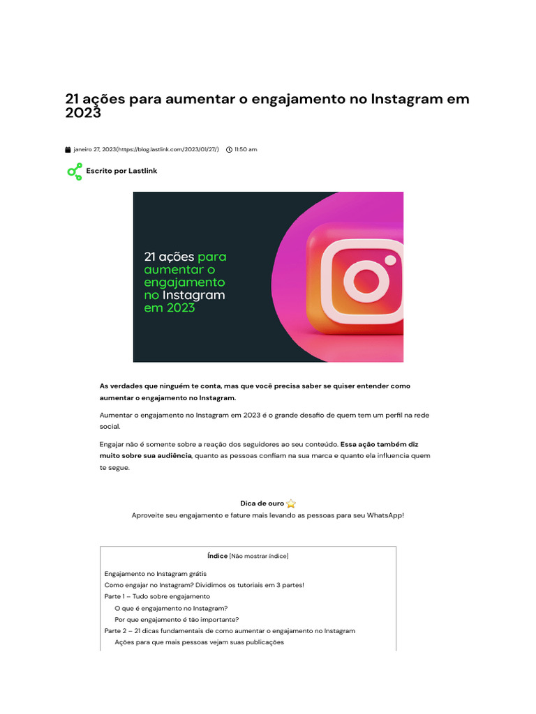 21 Ações para Aumentar o Engajamento No Instagram em 2023 | PDF