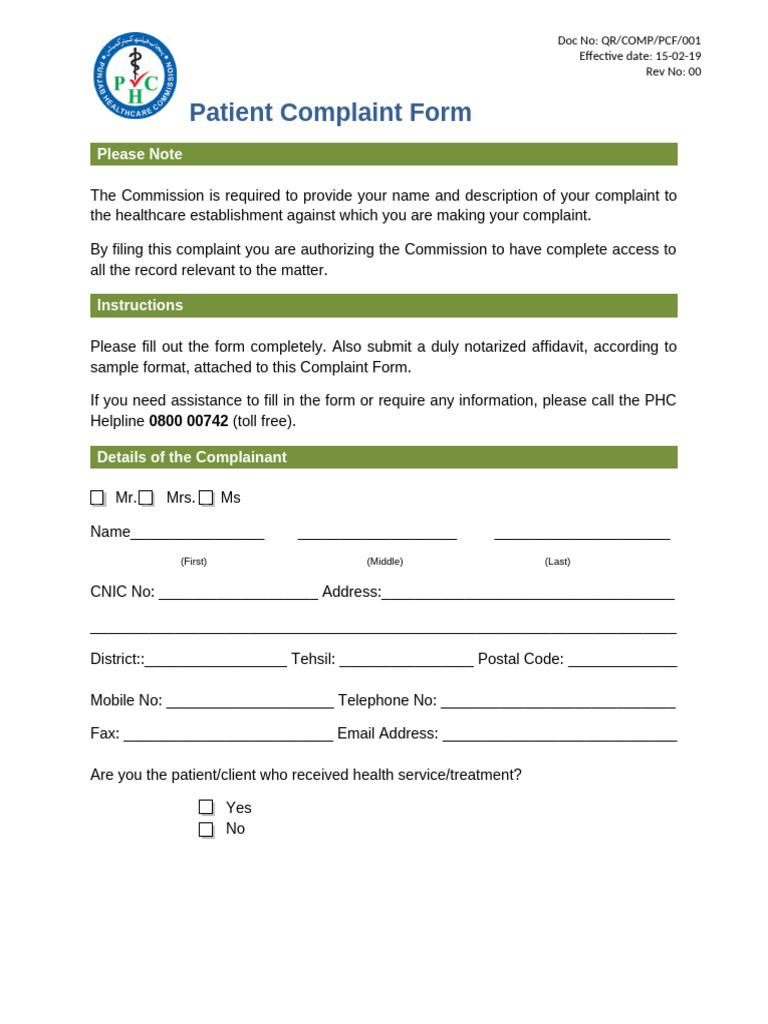 Patient Complaint Form | PDF Patient Complaint Form | PDF