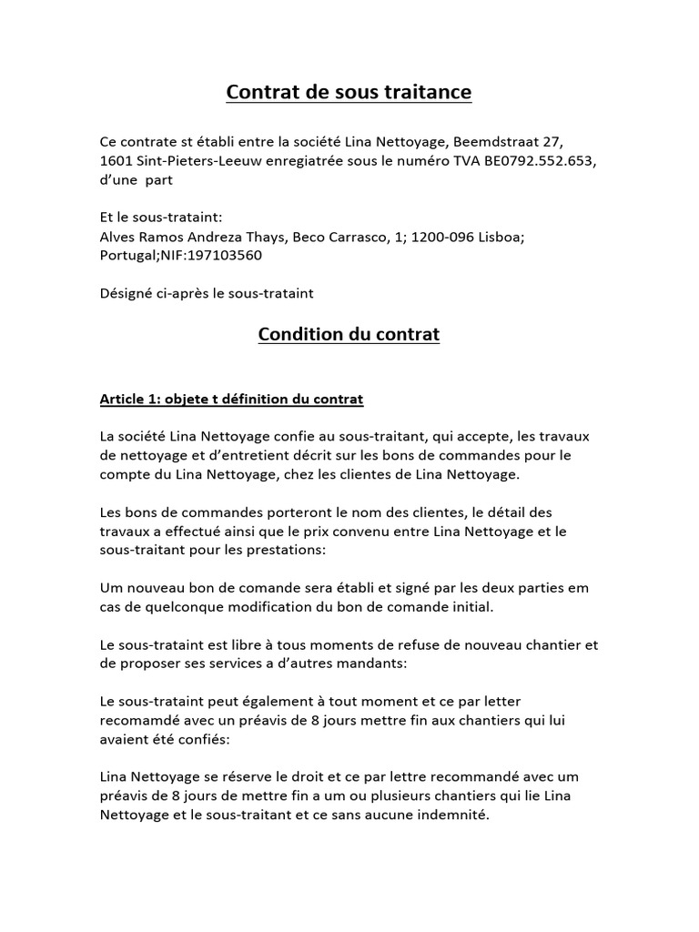 Contrat de Sous Traitance - Andreza | PDF