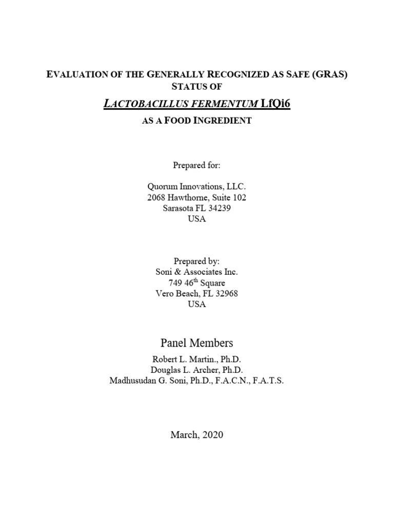 GRAS Notice GRN 988 Lactobacillus Fermentum LfQi6 | PDF | Dna ...