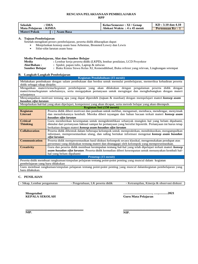 KD 3.10 Rika Yulia RPP Selembar | PDF