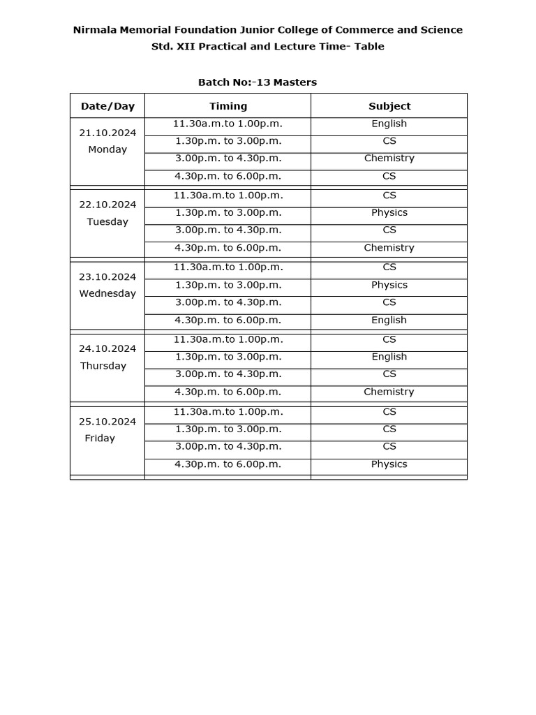 12th MASTERS TIMETABLE | PDF