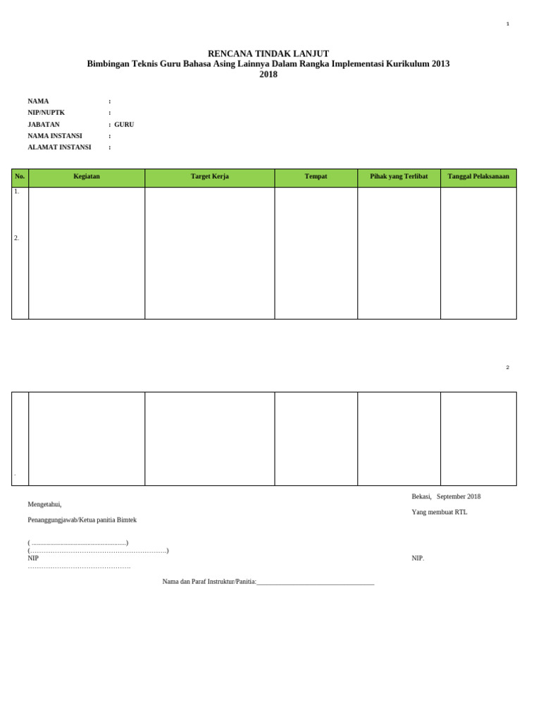 Rencana Tindak Lanjut Bimtek Guru 2018 | PDF