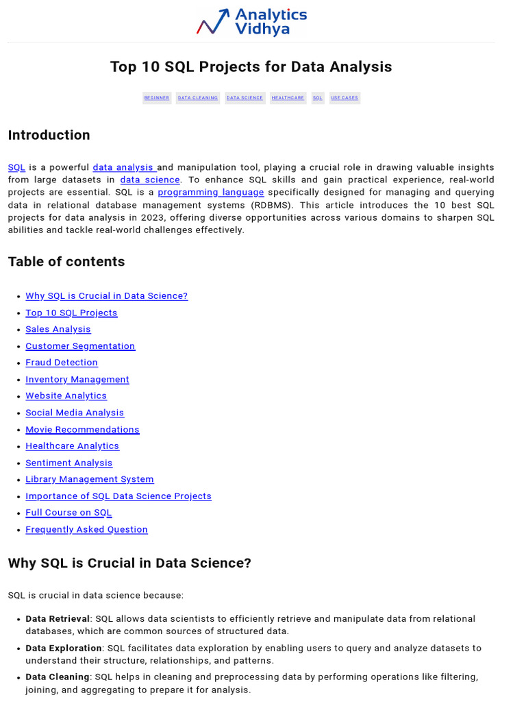 Top 10 SQL Projects For Data Analysis | PDF