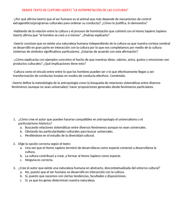 Preguntas para El Debate Texto Geetz | PDF