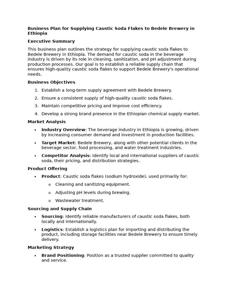 Business Plan For Supplying Caustic Soda Flakes To Bedele Brewery in ...