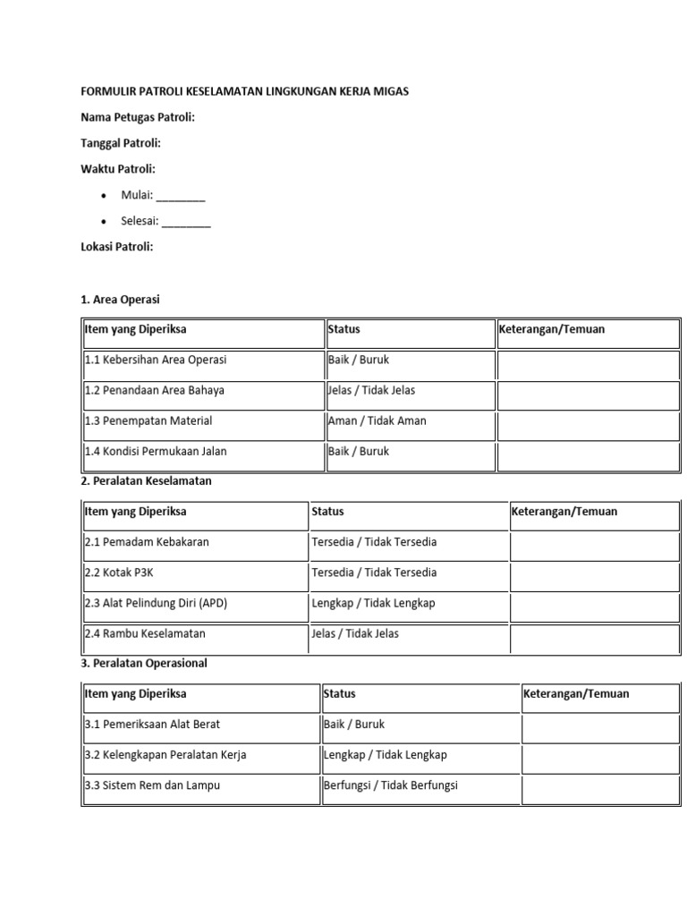 Form Safety Patrol Lingkungan Kerja Migas | PDF