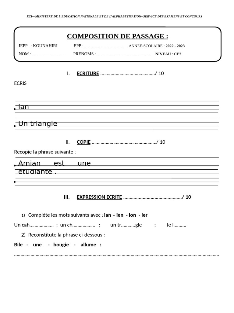 COMPOSITION DE PASSAGE CP2 .22-23 BAMBALOUMA | PDF