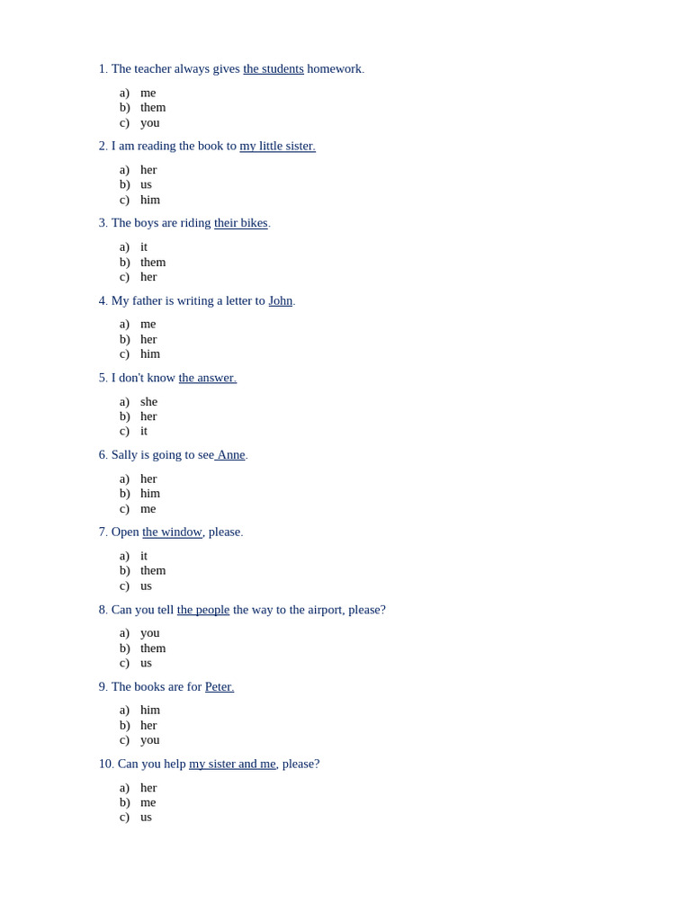 Object Pronouns Test | PDF