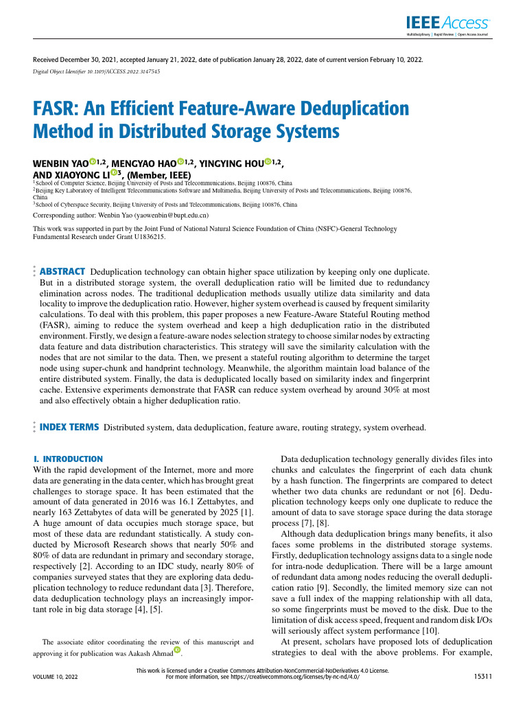 FASR An Efficient Feature-Aware Deduplication Method in Distributed Storage Systems | PDF