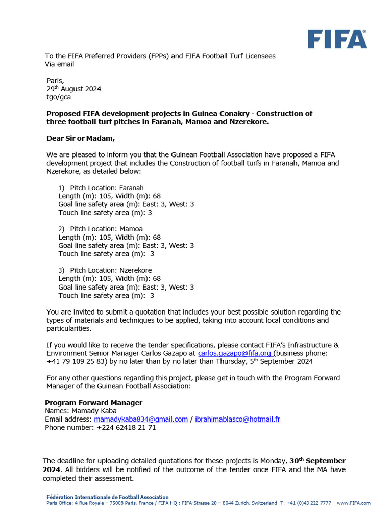 FIFA Invitation To Tender ITT Guinea Conakry | PDF