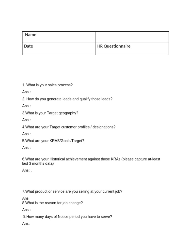 HR Questionnaire | PDF