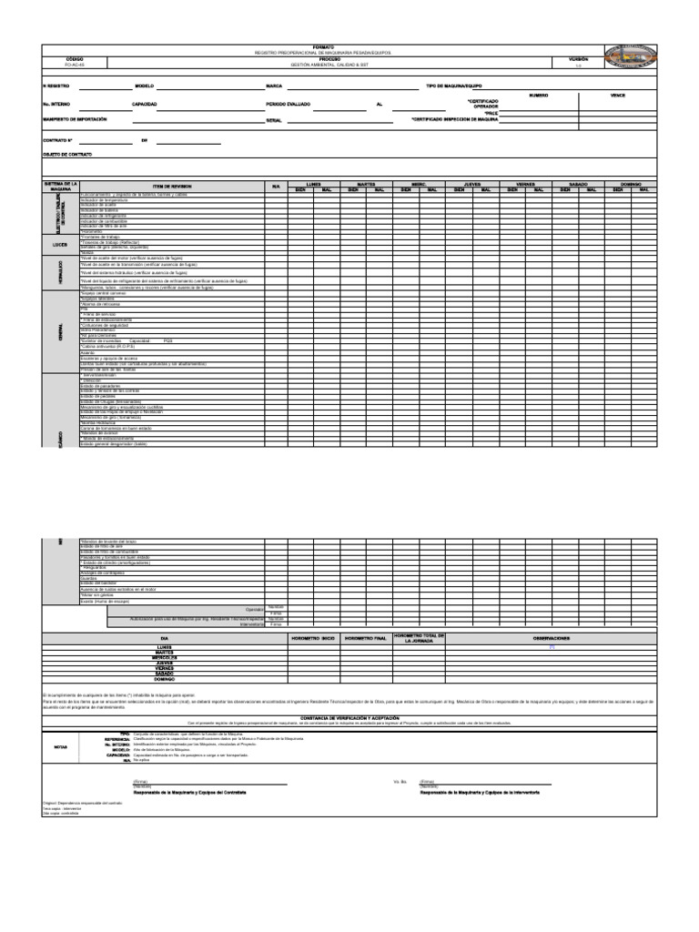 Formato Preoperacional Maquina 2 | PDF
