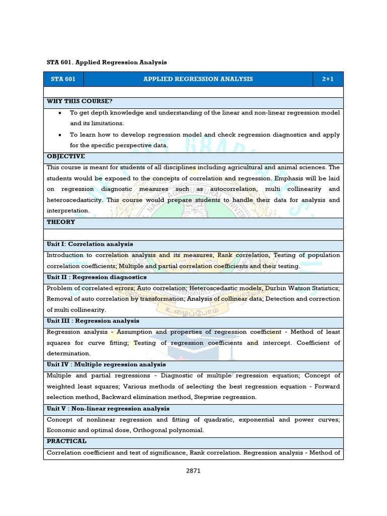 STA 601 Applied Regression Analysis 2+1 | PDF