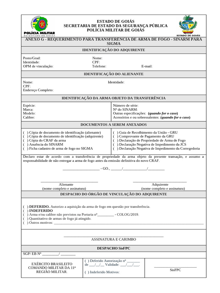 ANEXO G - TRANSFERÊNCIA DE ARMA DE FOGO - SINARM para SIGMA | PDF