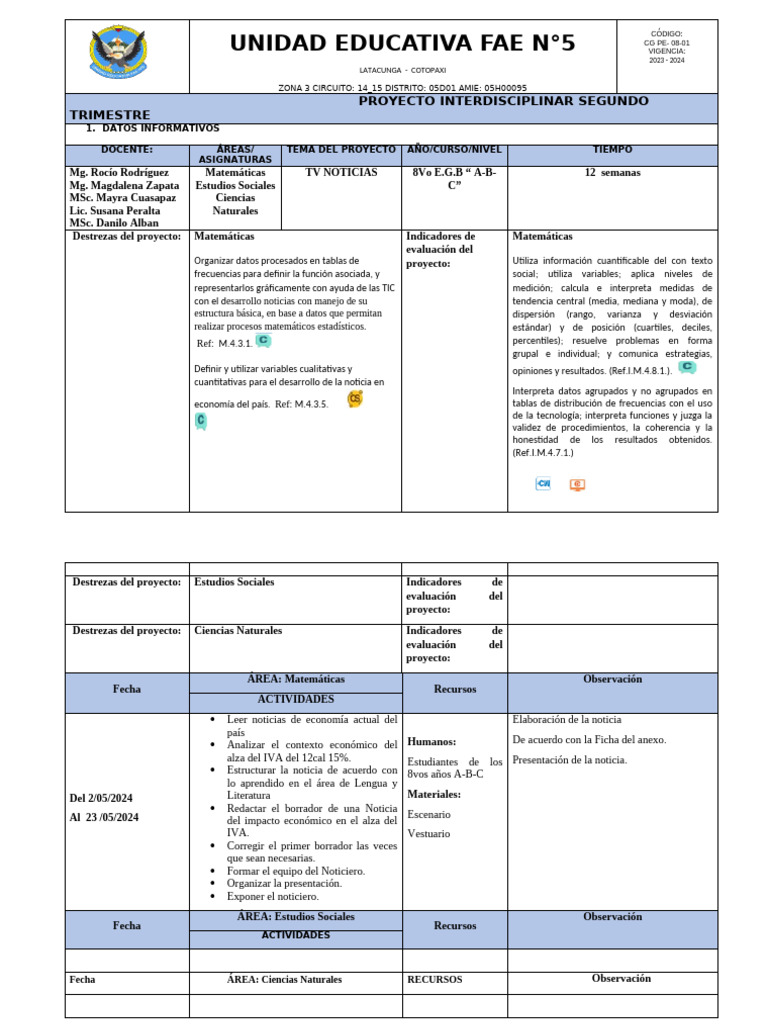 Proyecto Interdisciplinar Mate CCNN Eess Octavo | PDF