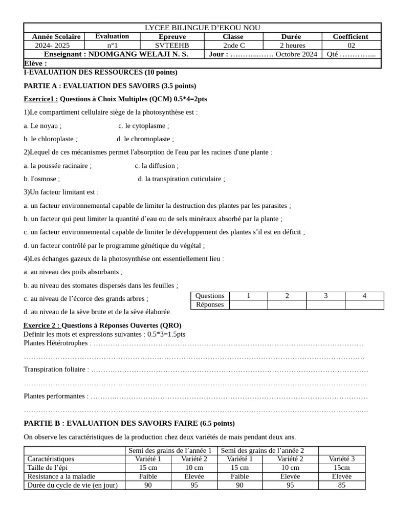 Evaluation 1 Seconde C | PDF