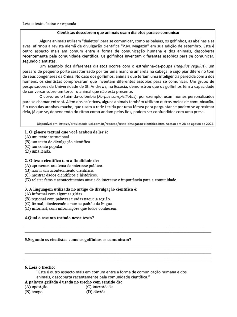 Atividade Português 5o Ano | PDF