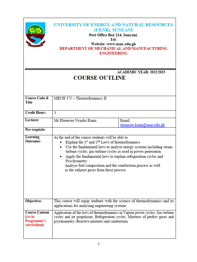 MECH 375 - Thermodynamics II - Course Outline 2023 | PDF
