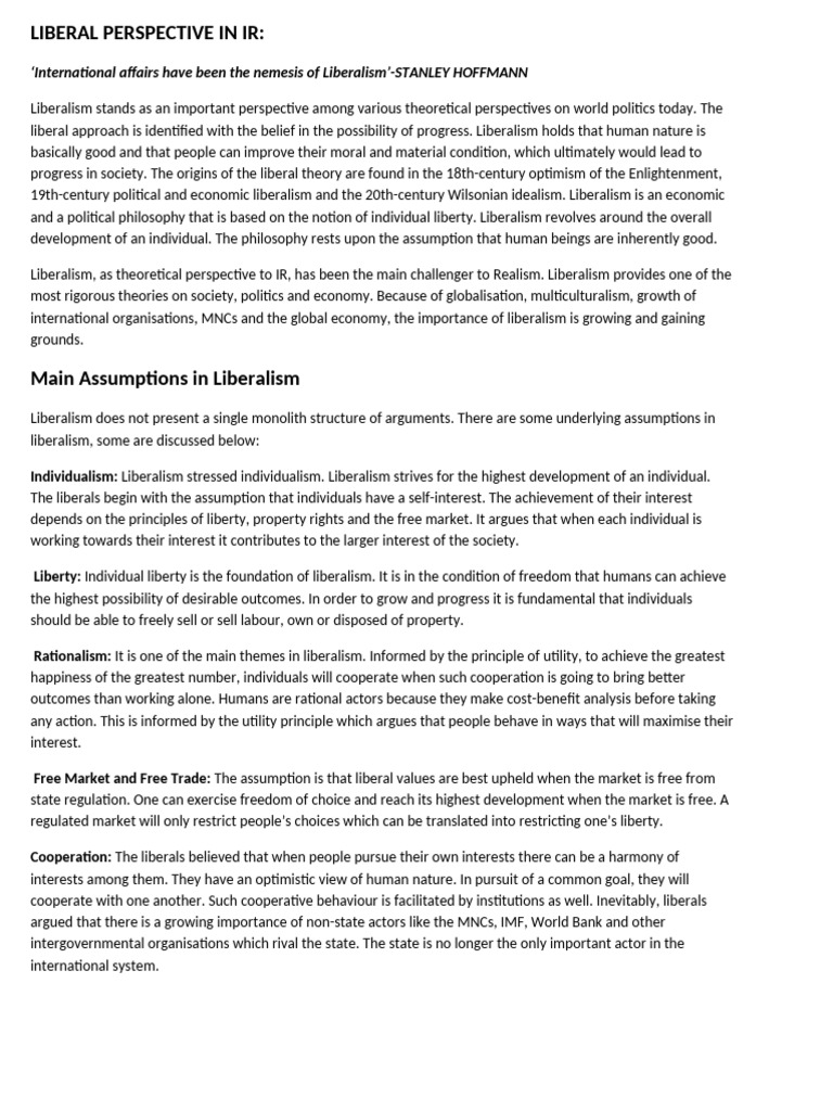 Liberal Perspective in Ir | PDF | Liberalism | Liberty