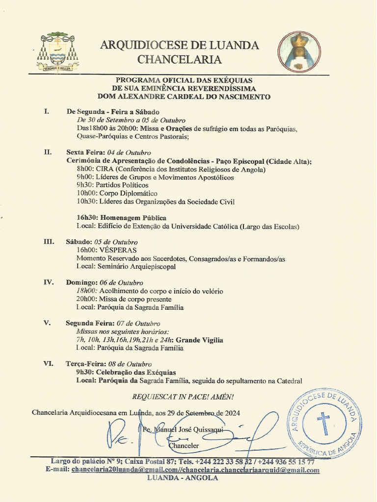 Programa Oficial Das Exéquias Do CARDEAL | PDF