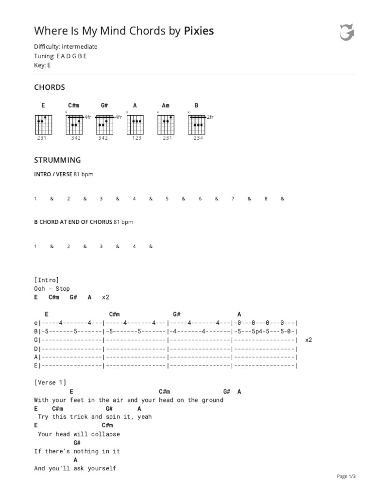 Where Is My Mind Chords by Pixiestabs at Ultimate Guitar Archive | PDF