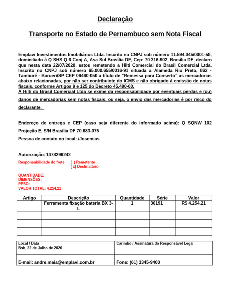 Declaração Transporte | PDF