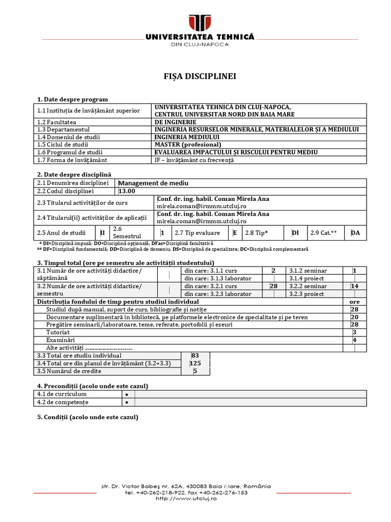 Fisa Disciplina - Management de Mediu | PDF