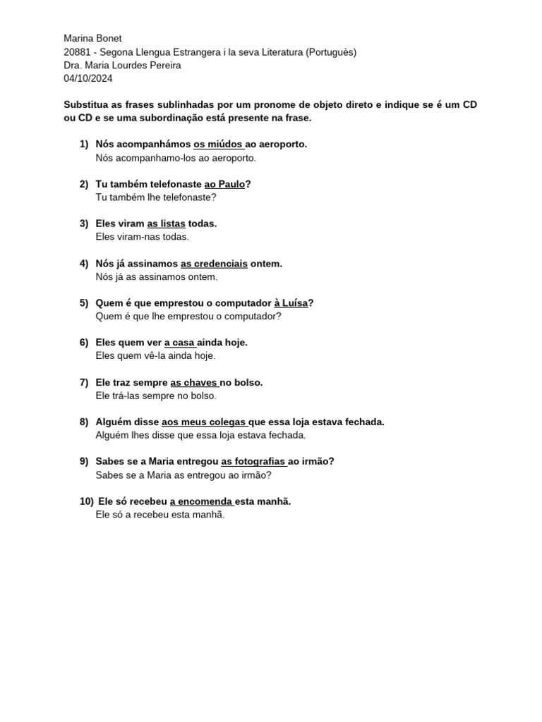 Exercício Pronomes de Complemento Na Frase | PDF