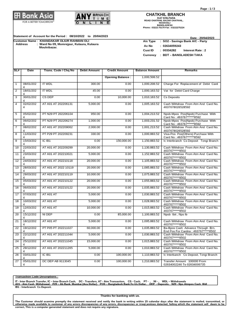 Bank Asia Statement | PDF