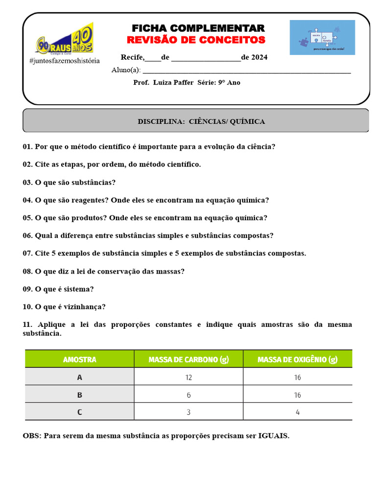 Ficha Complementar Revisional - 9º Ano | PDF