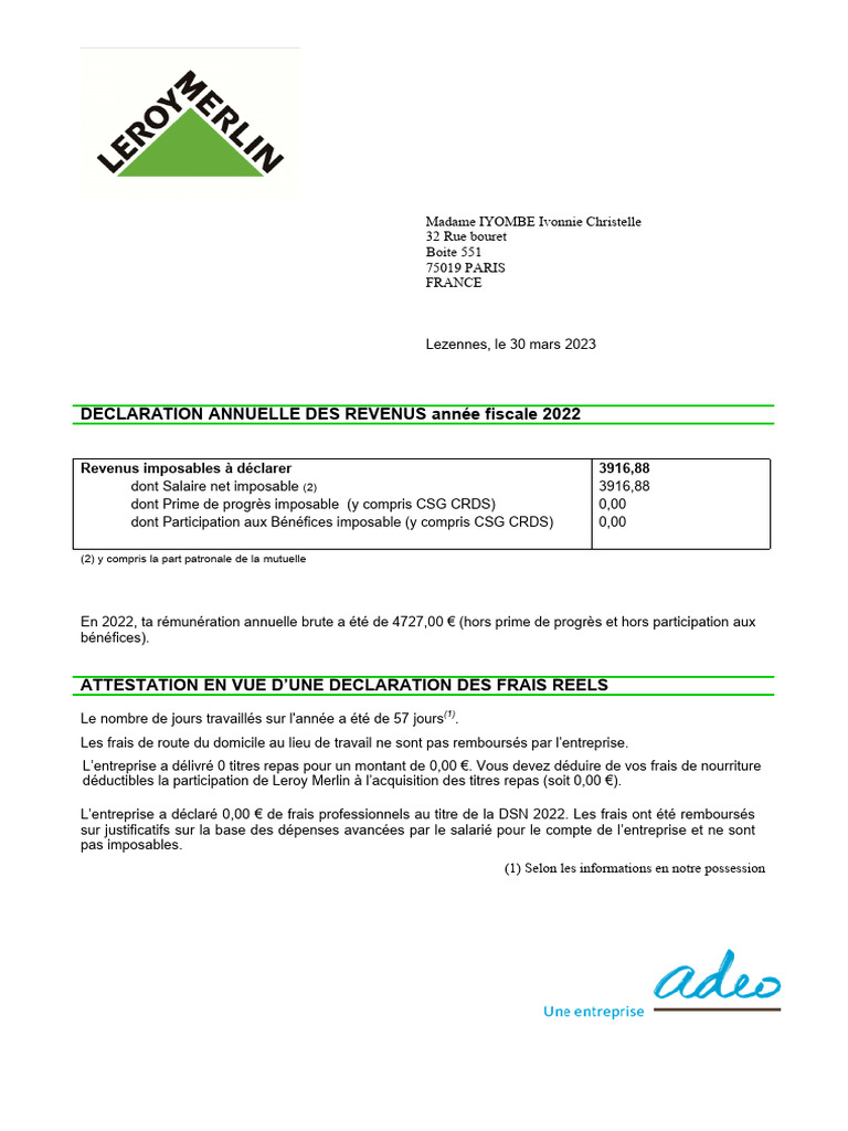 Attestation Fiscale | PDF