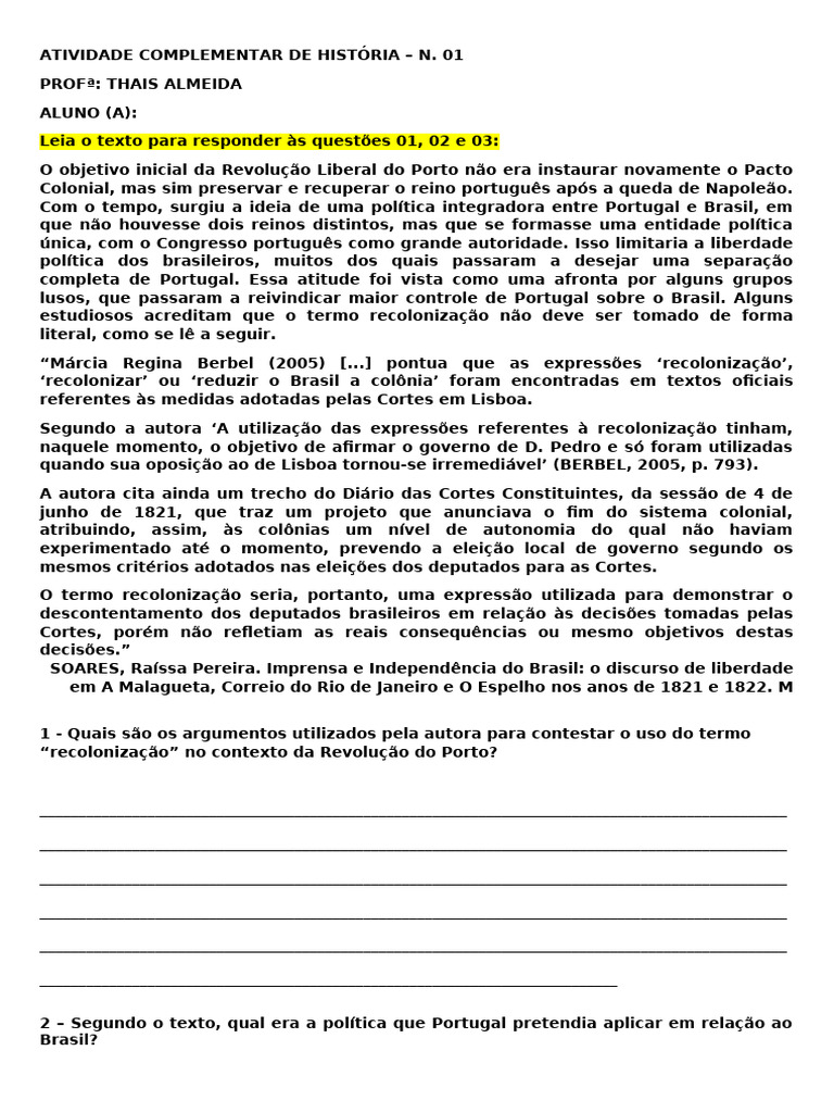 Atividade-Complementar-N.01-história-8ºano | PDF
