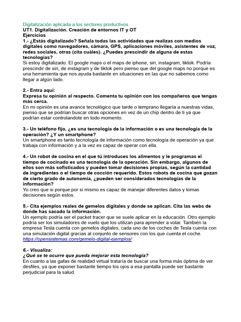 UT1. Digitalización. Creación de Entornos IT y OT | PDF