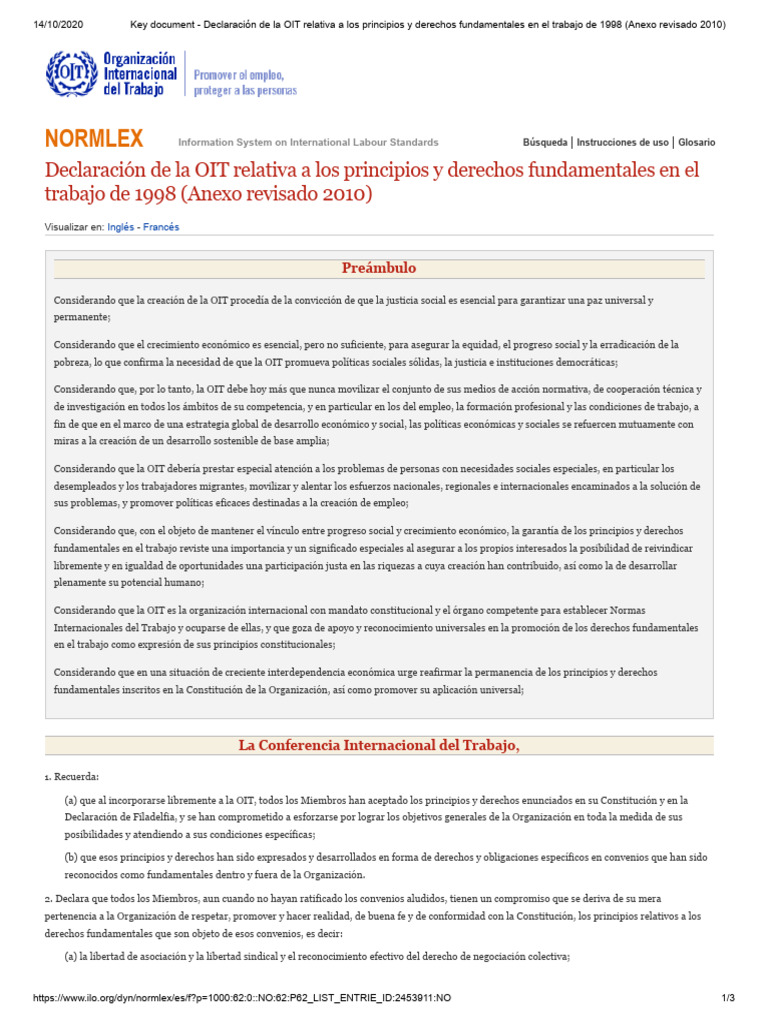 Declaración de La OIT Relativa A Los Principios y Derechos ...