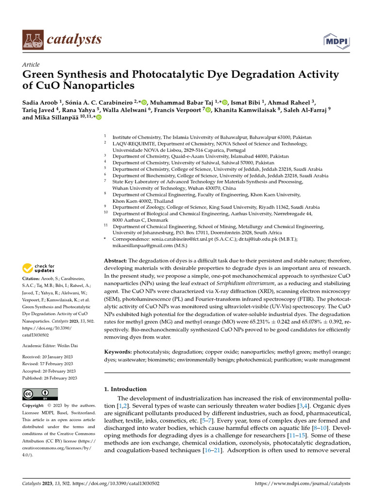Green Synthesis and Photocatalytic Dye Degradation Activity | PDF