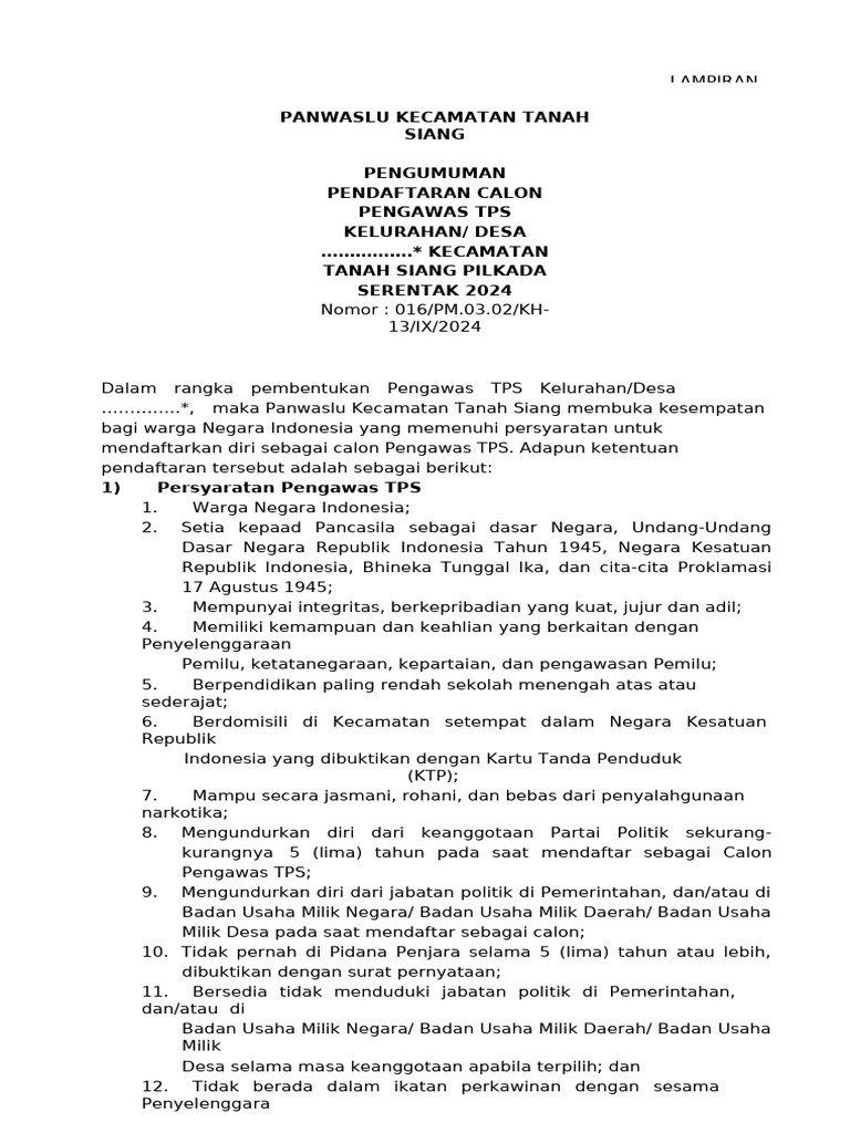 Formulir Pendaftaran Calon Pengawas TPS Pilkada Serentak 2024 | PDF Formulir Pendaftaran Calon Pengawas TPS Pilkada Serentak 2024 | PDF