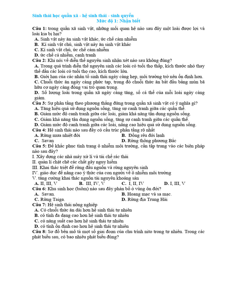 3.Sinh thái học quần xã,hệ sinh thái và sinh quyển Đề 1 Nhận Biết | PDF