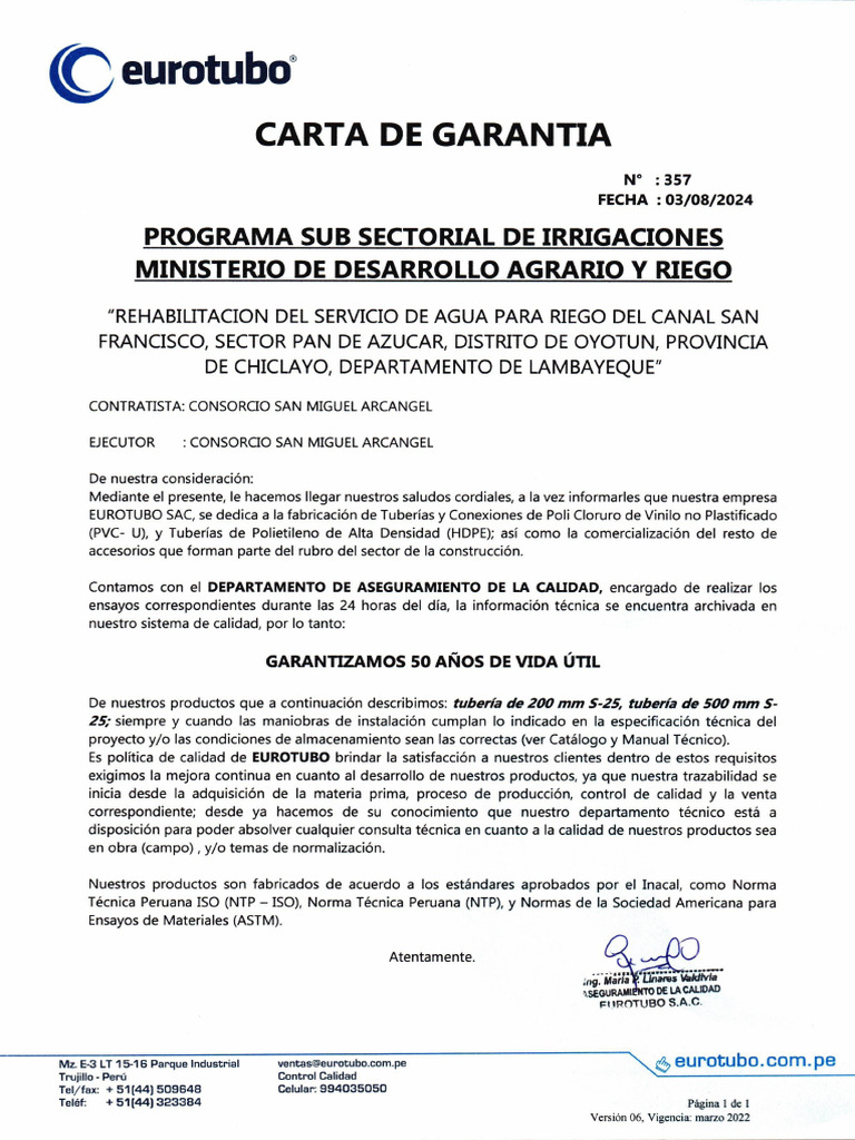 1.carta de Garantia Tuberias | PDF