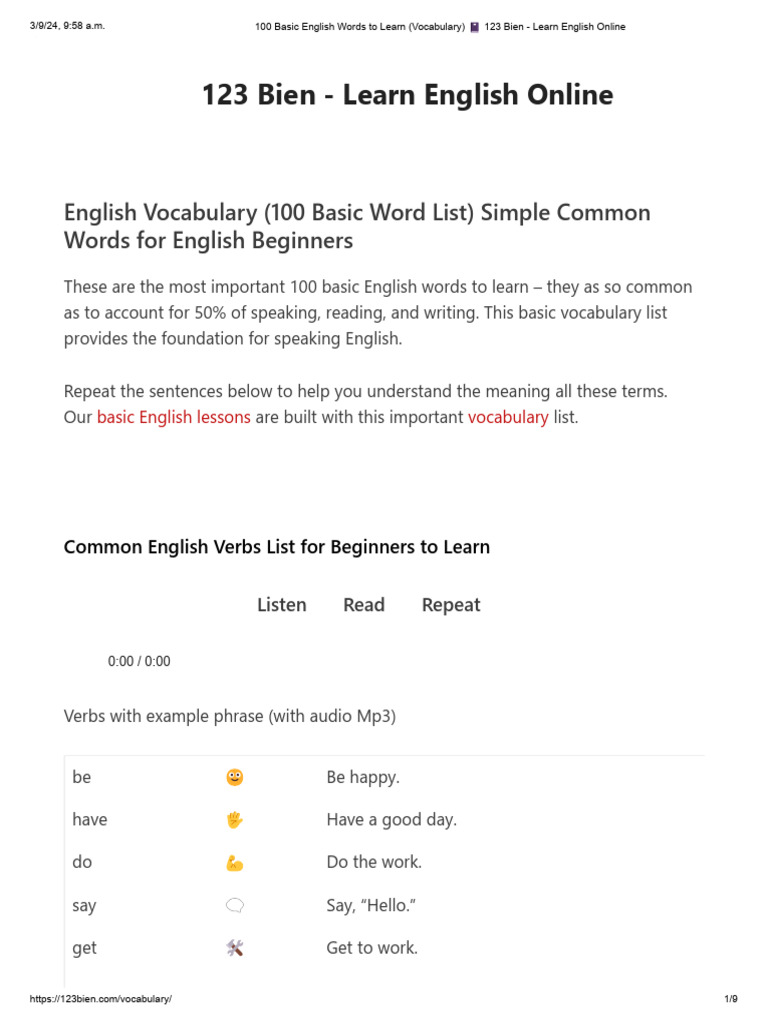 100 Basic English Words to Learn (Vocabulary) | PDF