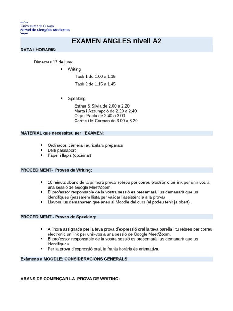 A2 Exam Instructions & Protocol | PDF