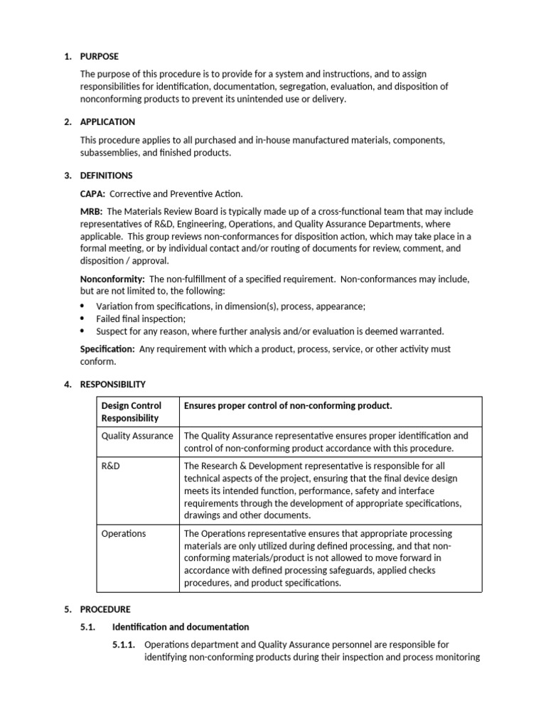 SOP-0026 Control of Nonconforming Product | PDF