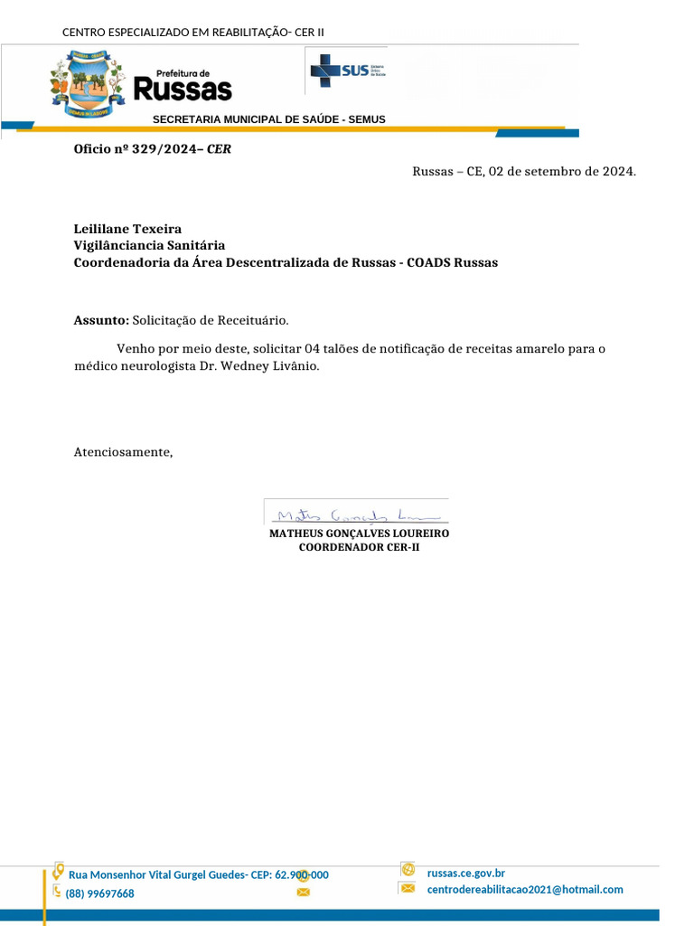 Oficio 329 Solicitacao Receituario - Dr. Wedney Livanio | PDF
