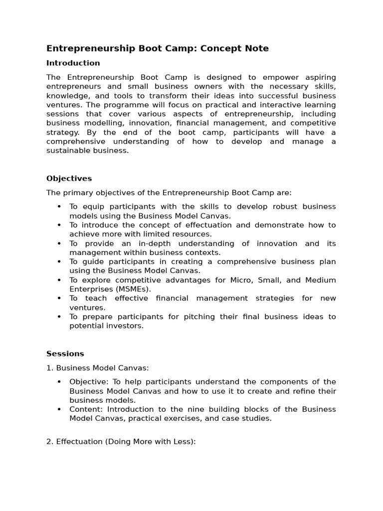 Entrepreneurship Boot Camp Concept Note | PDF