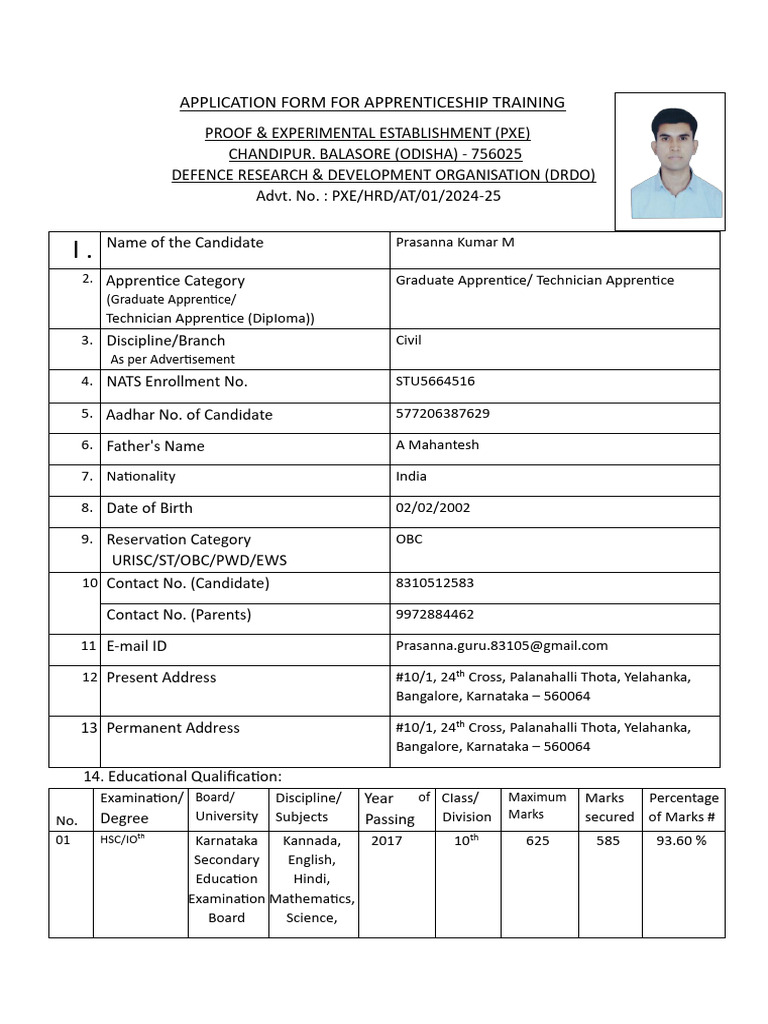 DRDO-Apprentice Application | PDF