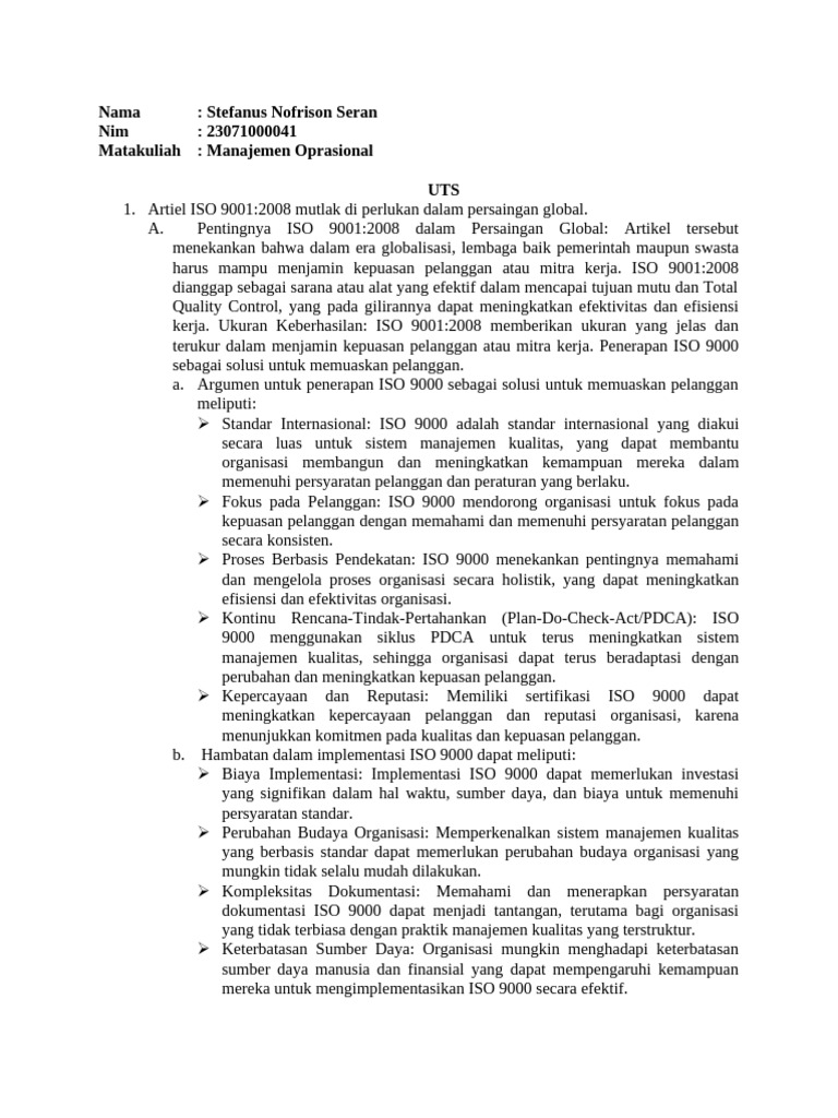 Stefanus Nofrison Seran Uts Manajemen Oprasional | PDF